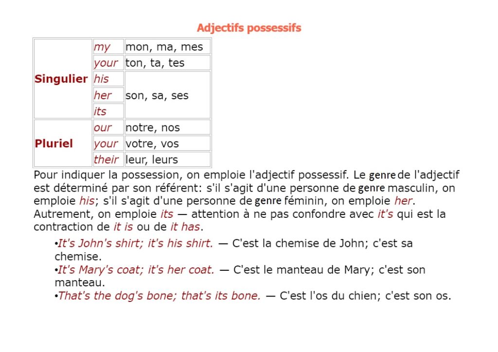 CM2 – Possessive adjectives = Adjectifs possessifs – Week of the 6th ...