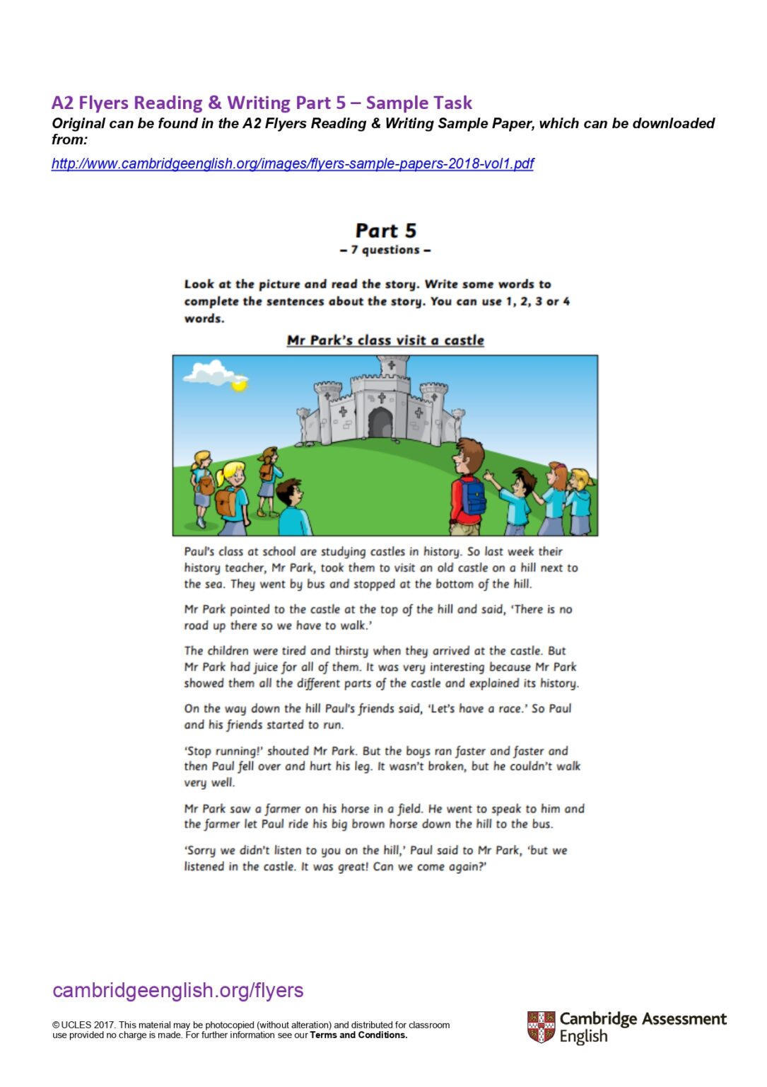 Cambridge Flyers – Week 19 – Reading and Writing Part 5 - Elegant English